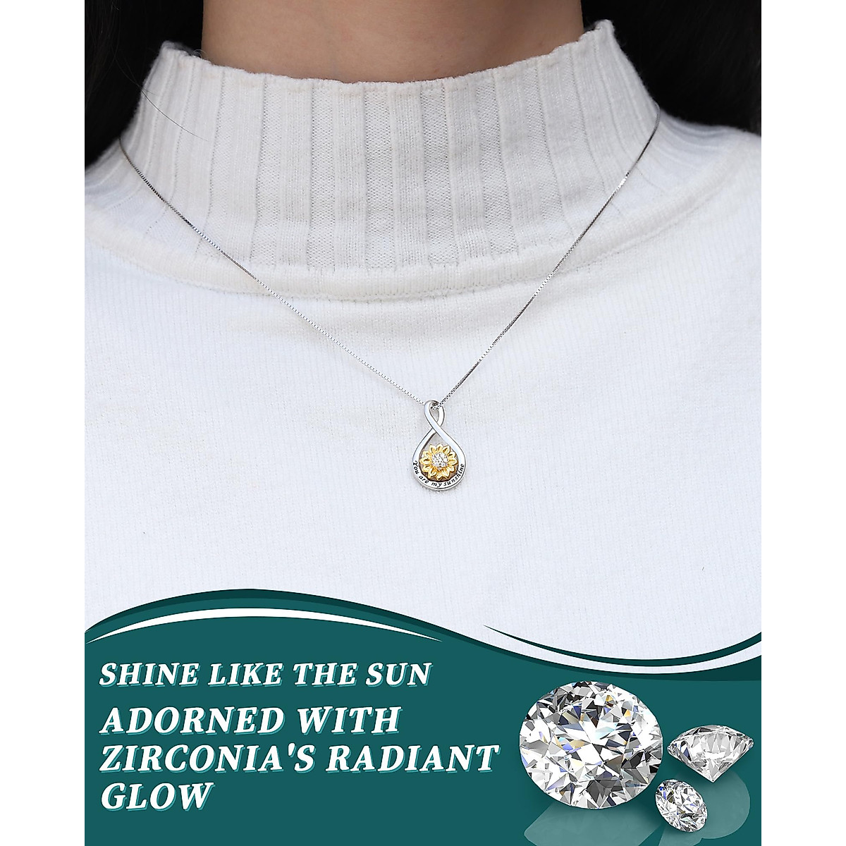 You are My Sunshine Necklace Sunflower Jewelry for Women - 925 Sterling Silver Infinity Spinner Sun Flower CZ Pendant Necklace Birthday Mother's Day Gifts for Couples Mother Daughter Chain 18"+2"