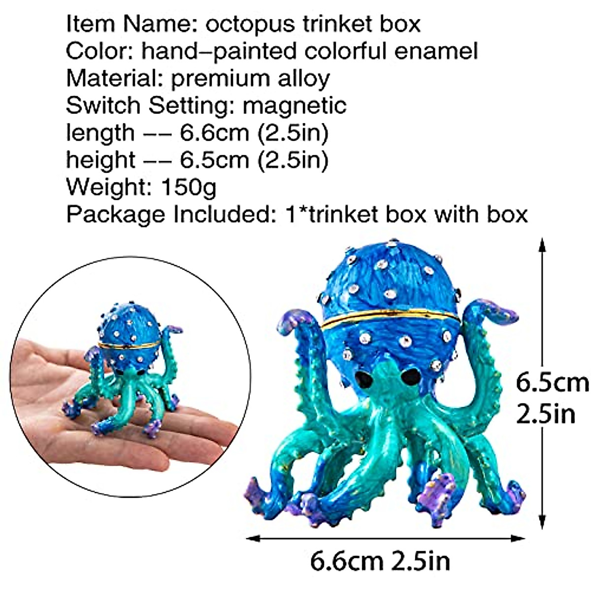 QFkris Octopus Trinket Box with Shinning Rhinestones, Magnetic Jewelry Box Hand-painted Figurine Collectibles Ring Holder Case