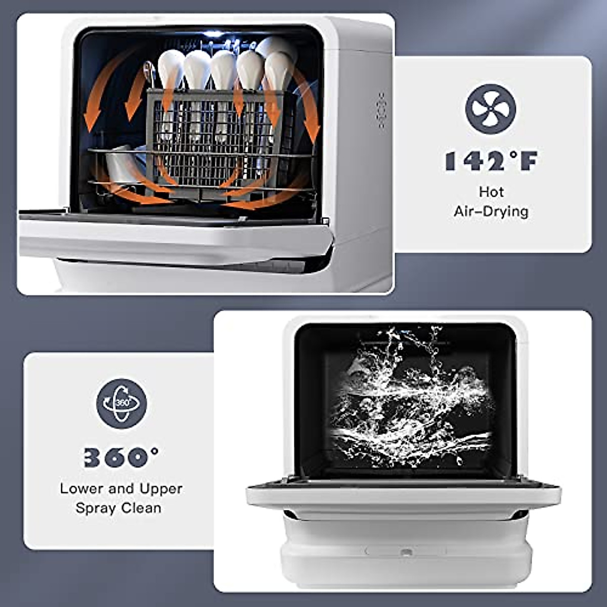 ARLIME Compact Countertop Dishwasher, Portable Dishwasher W/7.5-L Built-in Water Tank, 5-Program, 360° Dual Spray, 24H Air-Dry Function, Child Lock, Mini Dishwasher for Apartments, Dorms & RVs, White