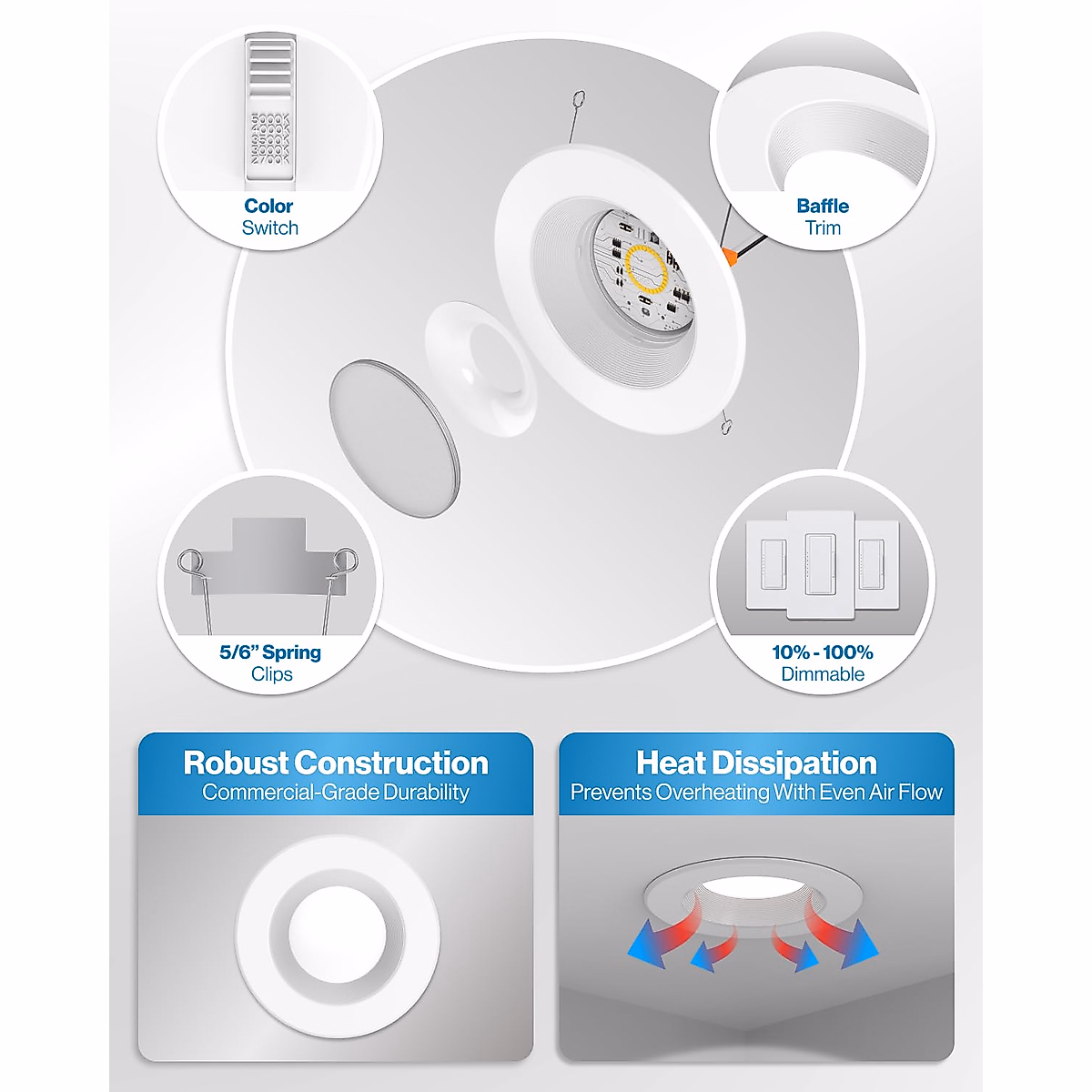 Sunco 5CCT Retrofit LED Recessed Lighting 6 Inch, 2700K/3000K/3500K/4000K/5000K Selectable, Dimmable Can Lights, Smooth Trim, 13W=75W, 965LM, Damp Rated, UL-Certified 4 Pack