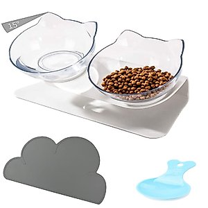 Luck Dawn Double Elevated Cat Bowls with Raised Stand, 15 Tilted cat Bowl Design Neck Guard Stand Raised Pet Food Water Feeder Bowl for Cats or Small Dogs