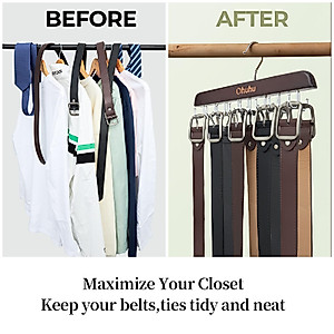 Belt Hanger Organizer for Closet: Ohuhu 16 Hooks Max 48 Belts Tie Rack Wooden Belt Holder for Storage 360 Degree Rotating Space Saver Organizer for Men Women Belt Tie Scarf Tank Top Accessories-Walnut