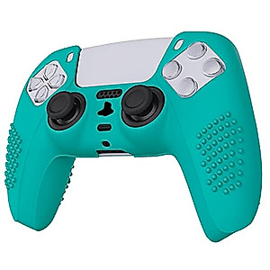 PlayVital Aqua Green 3D Studded Edition Anti-Slip Silicone Cover Skin for ps5 Controller, Soft Rubber Case for ps5 Wireless Controller with 6 White Thumb Grip Caps