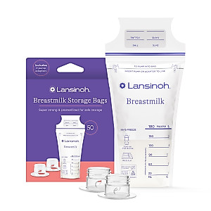 Lansinoh Breastmilk Storage Bags, 50 Count with 2 Pump Adapters, Baby Essentials, Fast Freeze & Thaw Breast Milk Bags for Baby Bottle Feeding, Superior Strength & Stretch, 6 Ounce