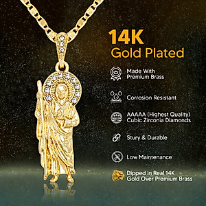 Saint Jude CZ Necklace 14K Gold Plated San Judas Medalla Cadena Oro Laminado San Judas Necklace (22” Inch, Gold)