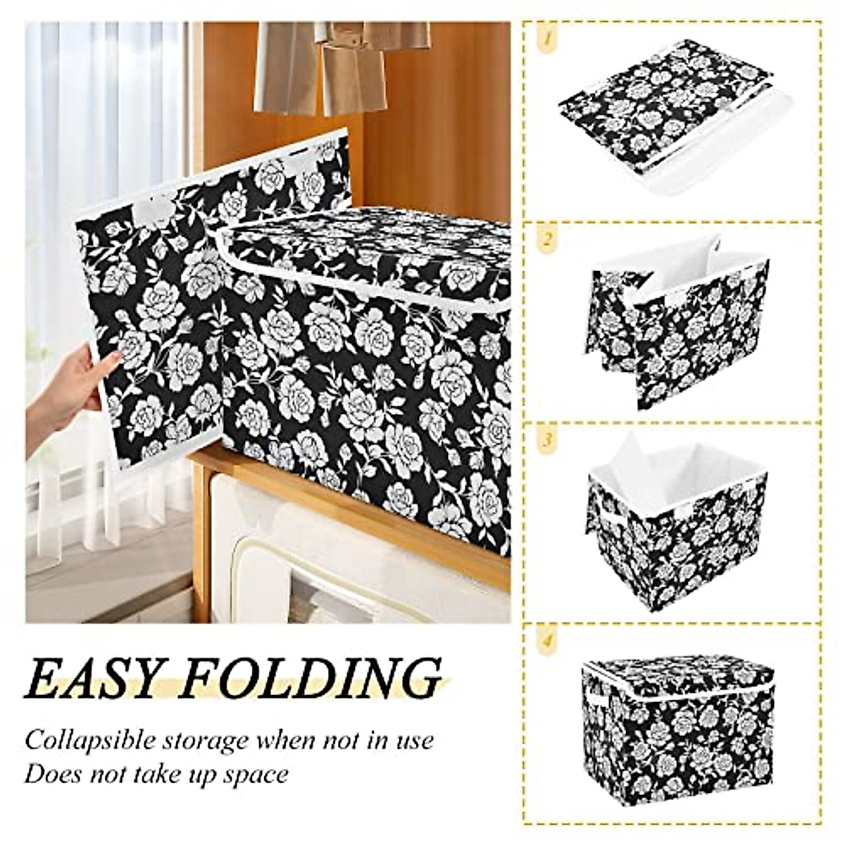 CaTaKu Black Rose Boho Storage Bins with Lids Fabric Large Storage Container Cube Basket with Handle Decorative Storage Boxes for Organizing Clothes Shelves