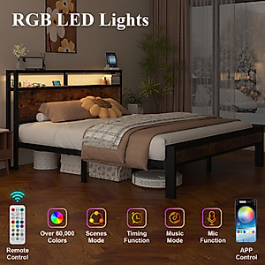 LoVinson Full Size Metal Bed Frame with Storage Headboard, Platform Bed with Charging Station & LED Lights, Wood Slat Support, No Box Spring Needed, Noise-Free, Easy Assembly, Rustic Brown