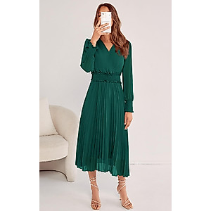 PRETTYGARDEN Women's Midi Long Puff Sleeve Spring Dresses 2024 Smocked Waist Wrap V Neck Flowy Ruffle Pleated Casual Dresses (Dark Green,Medium)