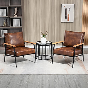 GYI Brown Leather Accent Chair Set of 2, 23.6'' Wide Armchair Set of 2, Industrial Black Metal Frame Accent Chairs with Wood Arms for Living Room, Bedroom