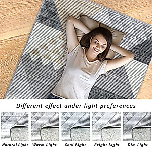 RUGSREAL Machine Washable Area Rugs Accent 8' x 10' Modern Boho Chic Velvet Floorcover Indoor Carpet Contemporary Geometric Area Rug for Living Room Bedroom Home Office, Grey and Yellow