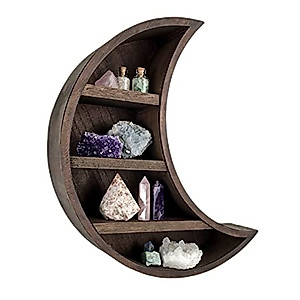 Maduxy Wooden Crescent Moon Shelf - Moon Wall Decor Crystal Display Shelf, Rustic Boho Decor, Unique Shape Moon Phase Shelves for Crystals and Stones