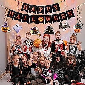 Lucleag 12Pcs Halloween Hanging Swirls Decorations & Halloween Banner, Pumpkin Bat Witch Ghost Hanging Decor Happy Halloween Banner for Ceiling Wall, Hanging Decoration for Halloween Party Supplies