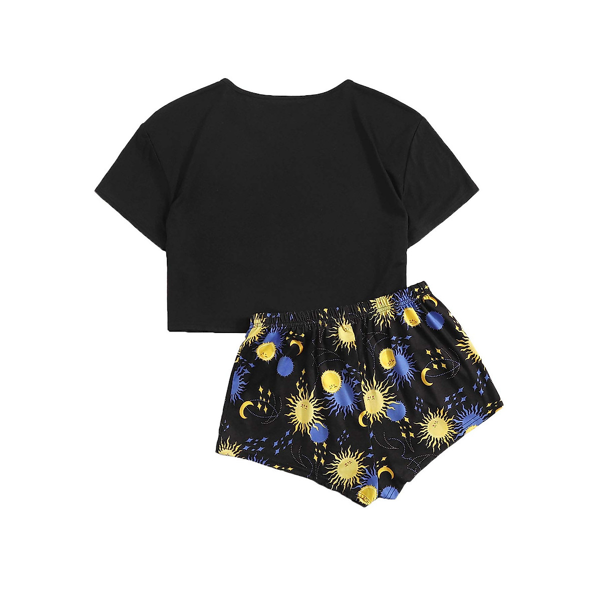 SweatyRocks Women's Cute Graphic Print Short Sleeve Crop Top with Shorts Pajama Set Black L