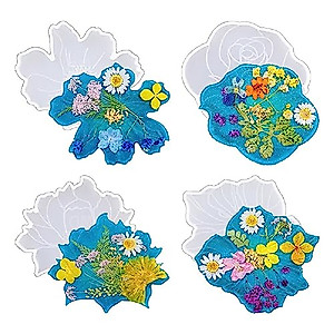 Yalulu 4Pcs Flower Shape Resin Coaster Molds, Crystal Coaster Silicone Molds, Coaster Silicone Molds for Resin Casting, Plate Tray Epoxy Mold