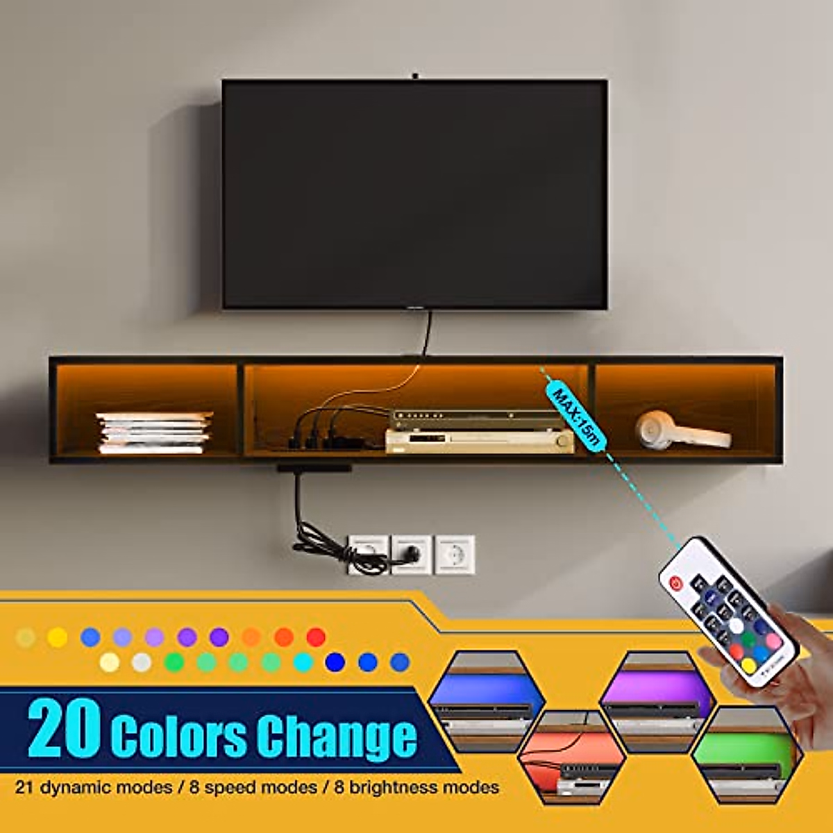 Rolanstar TV Stand with Power Outlet, Floating TV Stand with RGB Lights, 47.2" Wall Mounted TV Shelf, Black Media Console with Storage Shelf, Entertainment Shelf Under TV for Living Room, Bedroom
