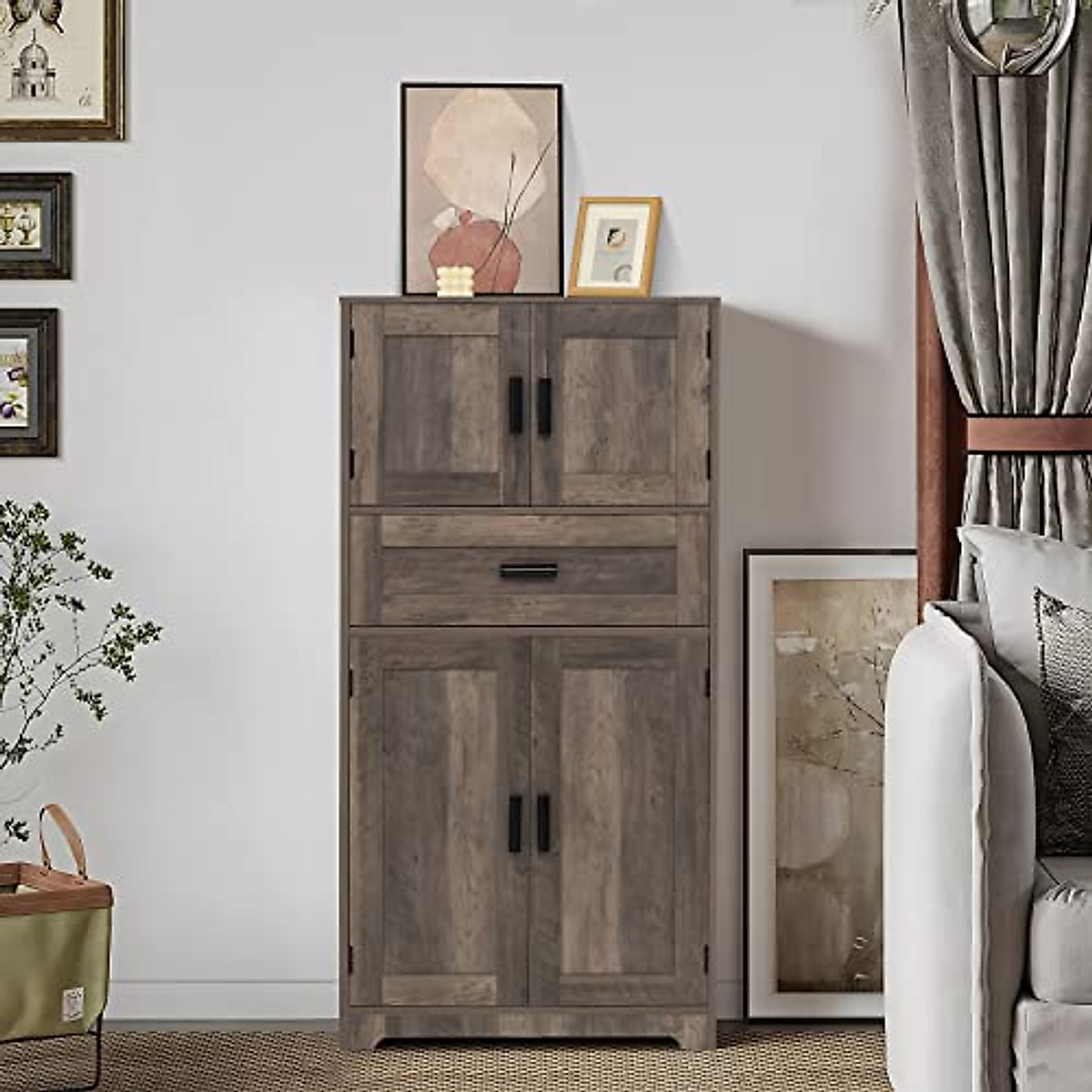 Quimoo Tall Bathroom Cabinet, Bathroom Storage Cabinet with Large Drawer & Adjustable Shelf, Bathroom Storage Cabinet with 4 Doors for Living Room, Bedroom, Home Office, Grey Wash