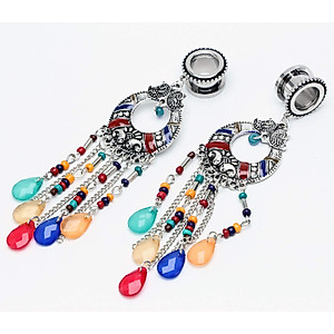 00G 10mm 316L Surgical Steel Multicolor Beads Tassel Dangle Ear Gauges Piercing Flesh Tunnels Plugs Statement Earrings