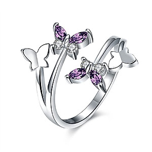 LRGKMCWTOB Women's 925 Sterling Silver Jewelry Shiny Butterfly Opening Adjustable Purple Zirconia Rose Gold Plated Rings Birthstone CZ Butterfly Shape Purple Austrian Crystals Rings (Silver)
