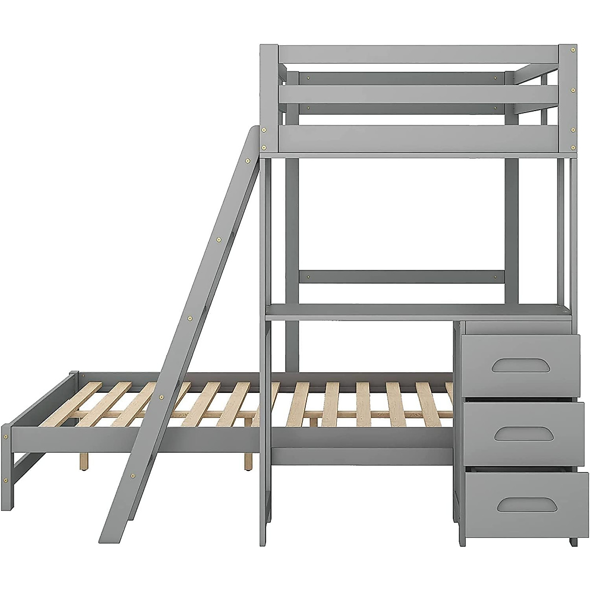 Bunk Beds Twin Over Full Size with Built-in Desk and Three Drawers, Wooden Storage Bunk Beds with Removable Bottom Bed ,Bunk Beds with Ladder & Guardrails for Kids Girls Boys ,Grey