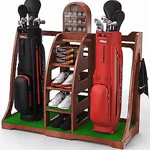 Apex Sports Golf Bag Organizer - Handcrafted Wood Design, Bag Stand, Ball Display, Storage Shelves, Garage Rack (Cherry)