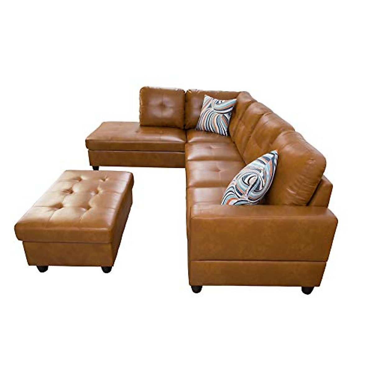 AYCP Contemporary Sectional Sofa w/Chaise and Storage Ottoman|3-Piece L-Shape Living Room Furniture|Faux Leather Upholstery|High-Density Memory Foam Cushions|(2) Toss Pillows (Ginger Left Facing)