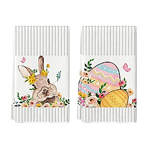 Artoid Mode Stripes Beige Bunny Rabbit Eggs Easter Kitchen Towels Dish Towels, 18x26 Inch Seasonal Spring Flowers Leaves Holiday Decoration Hand Towels Set of 2