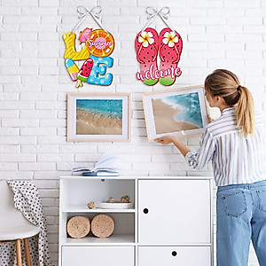2 Pieces Ice Cream Sandbeach Hanging Sign Happy Summer Wood Sign Sweet Summer Wood Ornaments Summer Welcome Sign Door Wood Hanging Sign for Summer Holiday Party Home Door Wall Window Decor (Sandbeach)
