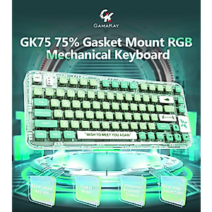 GK GAMAKAY GK75 75% RGB Transparent Gasket Mechanical Keyboard, Bluetooth/USB-C/2.4GHz 80 Keys Hot Swap Gateron Yellow Switch 2.0 KSA Profile PBT Keycaps Gaming Keyboard (Mint Green)