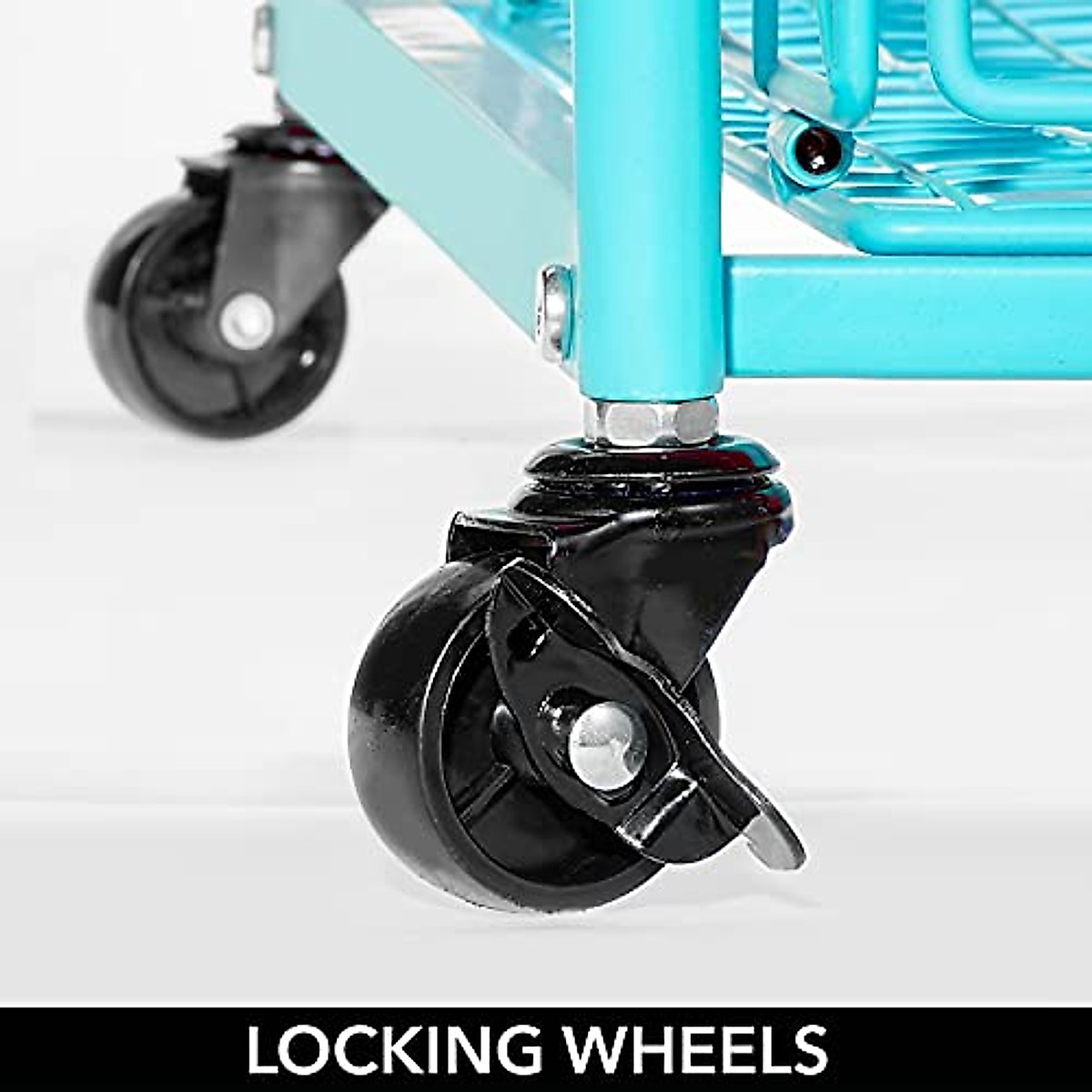 mDesign Small Portable Mini Fridge Storage Cart with Wheels and Handles - Mobile Refrigerator, Microwave, Appliance Platform Table with Drawer Basket for Dorm Room, Studio, Apartments - Ocean Blue