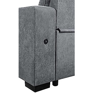 Lilola Home Toby Gray Woven Fabric Reversible Sleeper Sectional Sofa with Storage Chaise Cup Holder USB/USB-C Ports and Pockets