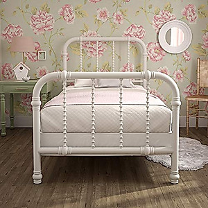 DHP Jenny Lind Kids Metal Bed Frame with Country Chic Headboard and Footboard, Underbed Storage Space for Toys, Twin, White