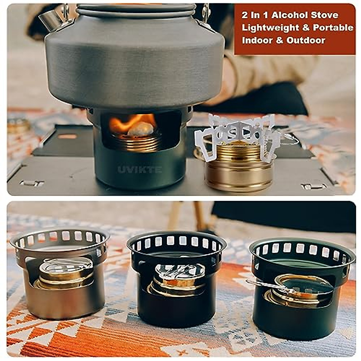 UVIKTE 2 In 1 Mini Alcohols Stove Camping Backpacking Portable Alcohol Spirit Burner With Stainless Steel Cross Stand, Ultralight Tiny Brass Survival Coffee Hiking, Storage Bag,SILVER