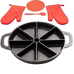 Cast Iron Scone Pan/Cornbread Pan for 8 Wedge Shaped Bakes, Pre-Seasoned - Comes with Oven Mitts, Silicone Trivet and Oil Brush - by KUHA