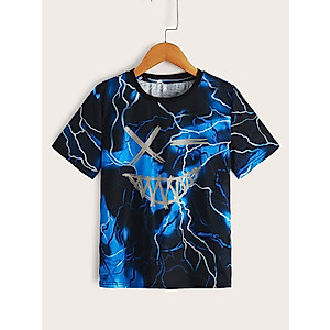 Floerns Boys Graphic Print Short Sleeve Tee Crew Neck Reflective Casual T Shirt Black and Blue 10Y