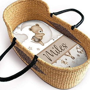 Personalized Bassinet Sheet Set 2 Pack for Baby, Custom Bassinet Mattress Sheets with Name, Universal Fitted for Various Cradle Mattress Pad, Blue & Brown Bear Bassinet Sheets for Boys (16" x 32")