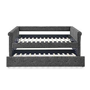 RUNWON Full Daybed with Trundle Upholstered Tufted Sofa Bed with Button and Copper Nail on Arms,Gray