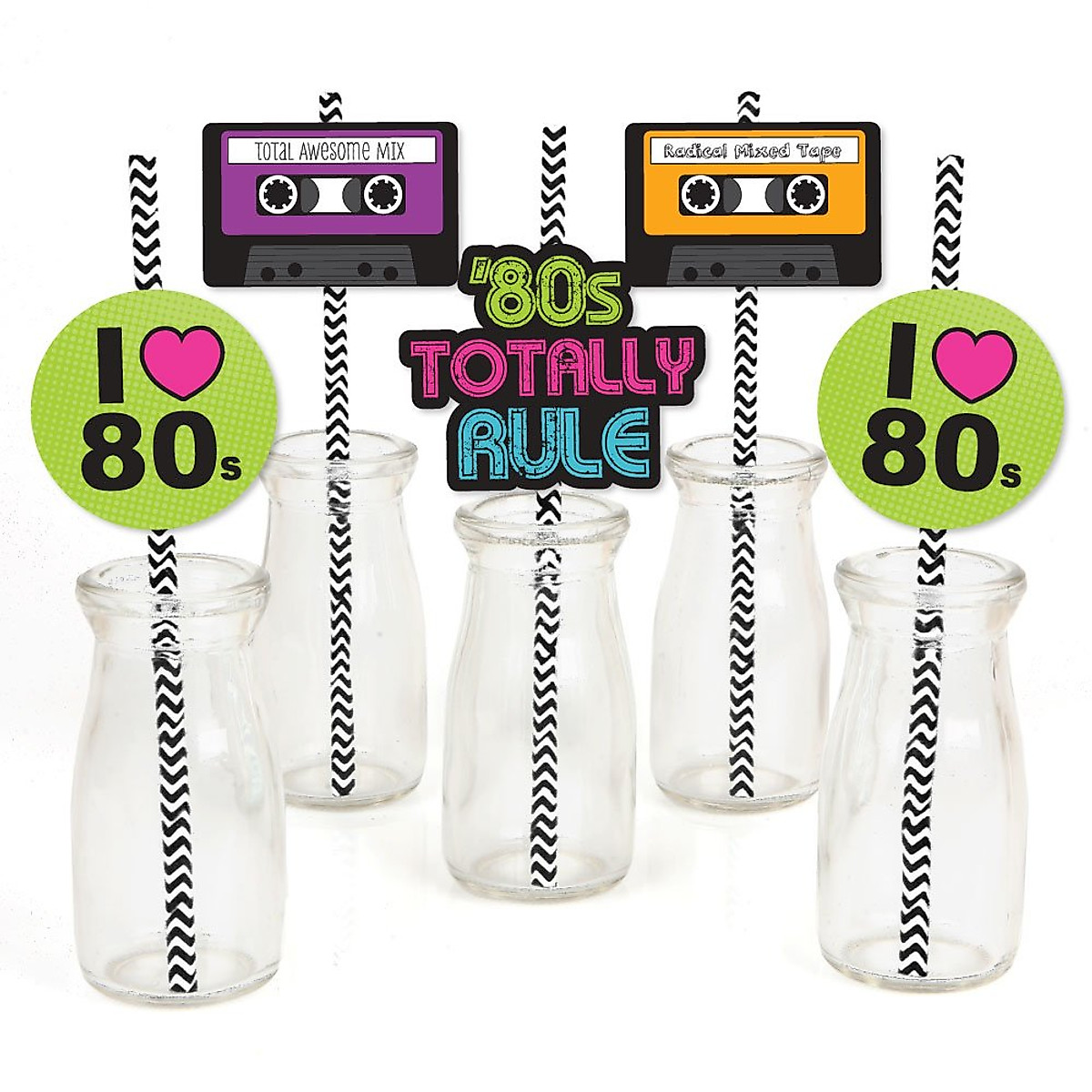 80's Retro - Paper Straw Decor - Totally 1980s Party Striped Decorative Straws - Set of 24