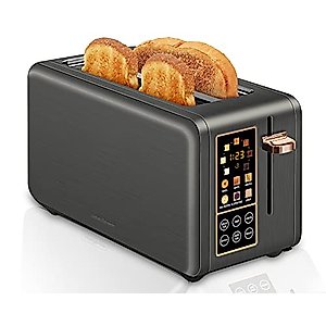 SEEDEEM Toaster 4 Slice, Long Slot Toaster with LCD Display Touch Buttons, 7 Shade Settings, 6 Bread Selection, Stainless Steel Toaster for Bagel, Defrost, Cancel, Removable Crumb Tray, 1400W, Dark Metallic