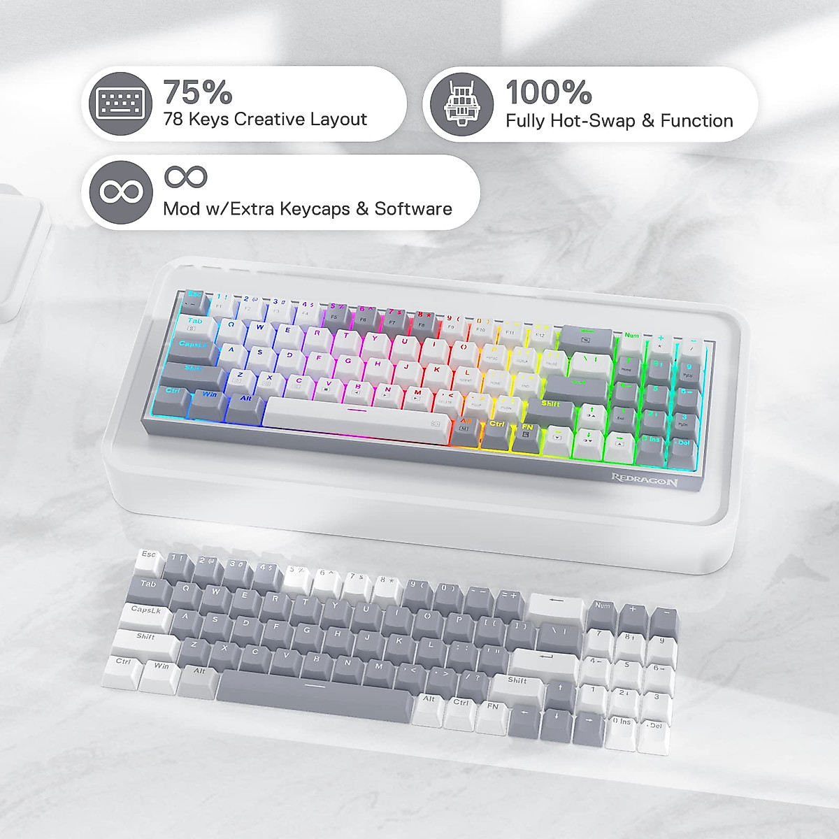 Redragon K628 Pollux 75% Wired RGB Gaming Keyboard, 78 Keys Compact Mechanical Keyboard w/100% Hot-Swap Socket, Free-Mod Plate Mounted PCB & Dedicated Arrow Keys, Quiet Red Switch