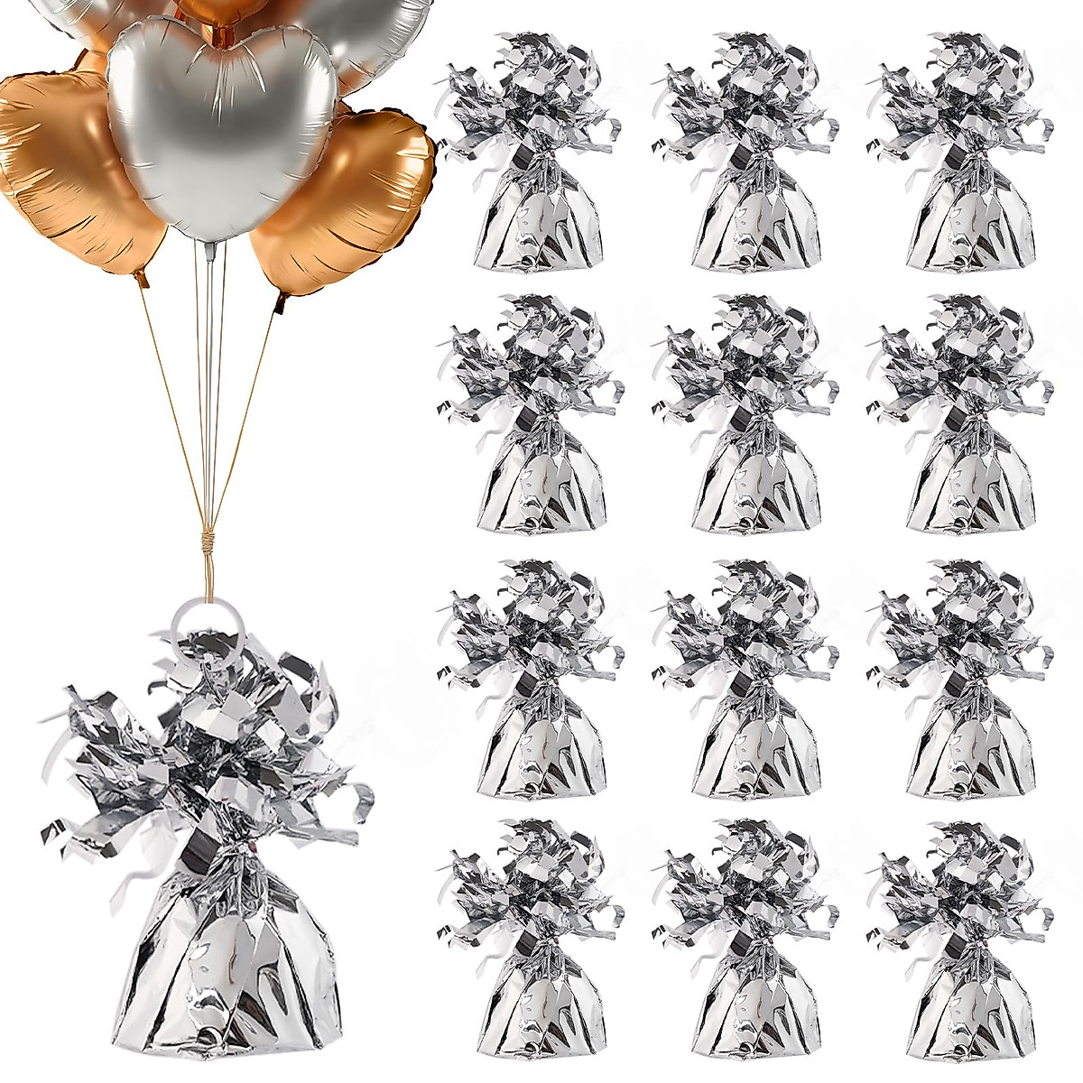 UNIQOOO 12Pcs Metallic Silver Heavy Solid Balloon Weights Pack Holder, Table Centerpiece DIY Décor for Christmas Thanksgiving Birthday Party Favors Wedding Baby Shower, Large 5 OZ 140 G. 5.5 Inch
