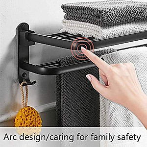 JRMM Towel Racks for Bathroom Wall Mounted Towel Shelf with Two Towel Bars and Hooks, Multifunction Foldable Double Towel Bars, No Rust, Aluminum, Matte Black22.6 inch