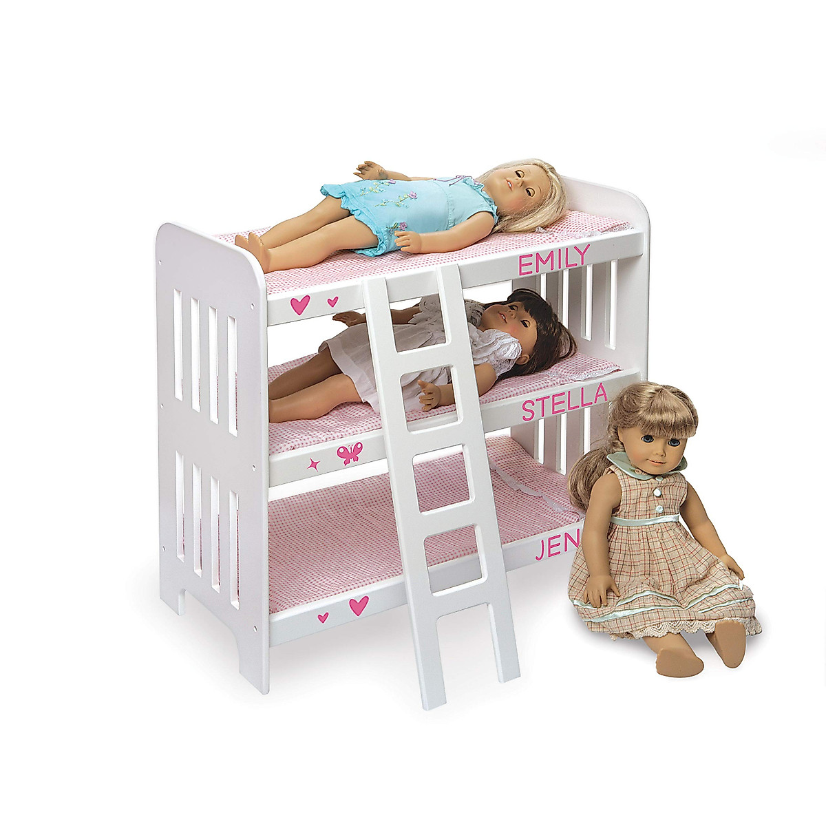 Badger Basket Triple Doll Bunk Bed with Ladder and Bedding for 20-Inch Dolls – Pink Gingham Design with Personalization Kit