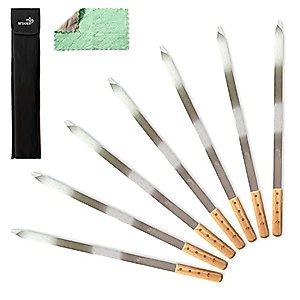 SETAMA Stainless Steel Kabob Skewers - Set of 7 - Flat 1 Inch Wide Blade - Rust Proof - Persian/Brazilian/Chicken/Shrimp Koobideh Kebab - With Tip Protectors, Canvas Storage Bag and Cleaning Cloth