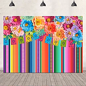 Ticuenicoa 7x5ft Mexican Fiesta Backdrop Photobooth Flowers Fiesta Background Drop Cinco De Mayo Backdrop for Pictures Floral Stripes Flags Birthday Party Mexican Party Decorations Photo Booth Props