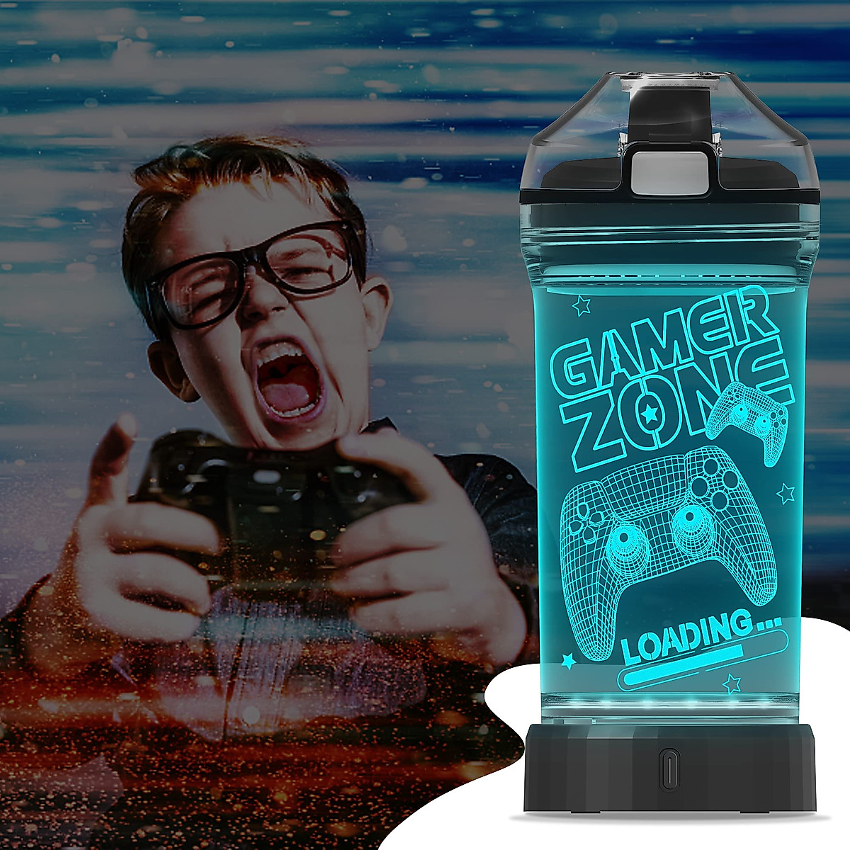 YuanDian Gamer Zone Water Bottle for Boys, Controller 7 Color Lights 3D Light up Drinking Cups Gifts for Gamers Men, BPA Free & Leak Proof Flip Top Lid & Easy Clean & Carry Handle, 14oz/ 400ml
