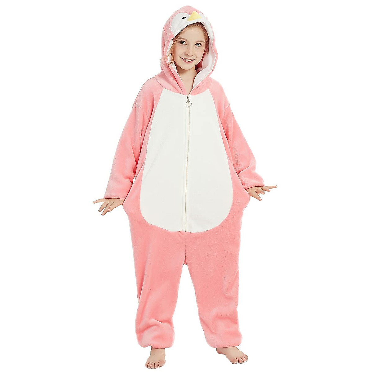 ABENCA Penguin Onesie Kids Animal Costume Girls Pajamas One Piece Plush Sleepwear Cosplay Halloween Christmas.Pink.120