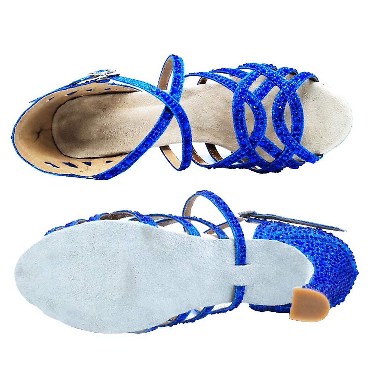 DKZSYIM Women's Satin Latin Dance Shoes Rhinestone Ballroom Salsa Performance Practice Dancing Shoes,L356-Blue-7.5,US 10