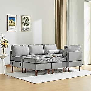 wirrytor Modular Sectional Sofa, Velvet U Shaped Couch, Modular Sectional with Reversible Ottomans for Living Room, Grey
