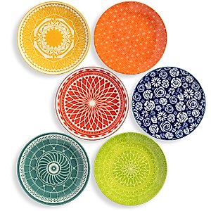 Annovero Appetizer Plates, Small Colorful Cute Decorative Porcelain Dinnerware for Salad, Luncheon, Dessert, Serving Dishes for Entertaining, Microwavable, 8.5 Inch Diameter, Set of 6