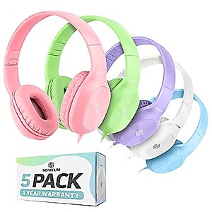 Sonitum Kids Headphones for School Bulk Set 5-Pack On-Ear, 3.5mm, Wired Headphones for Schools & Libraries – Adjustable, Cushioned Wired Kids Headphones – School Headphones for Kids, (Mixed Colors)